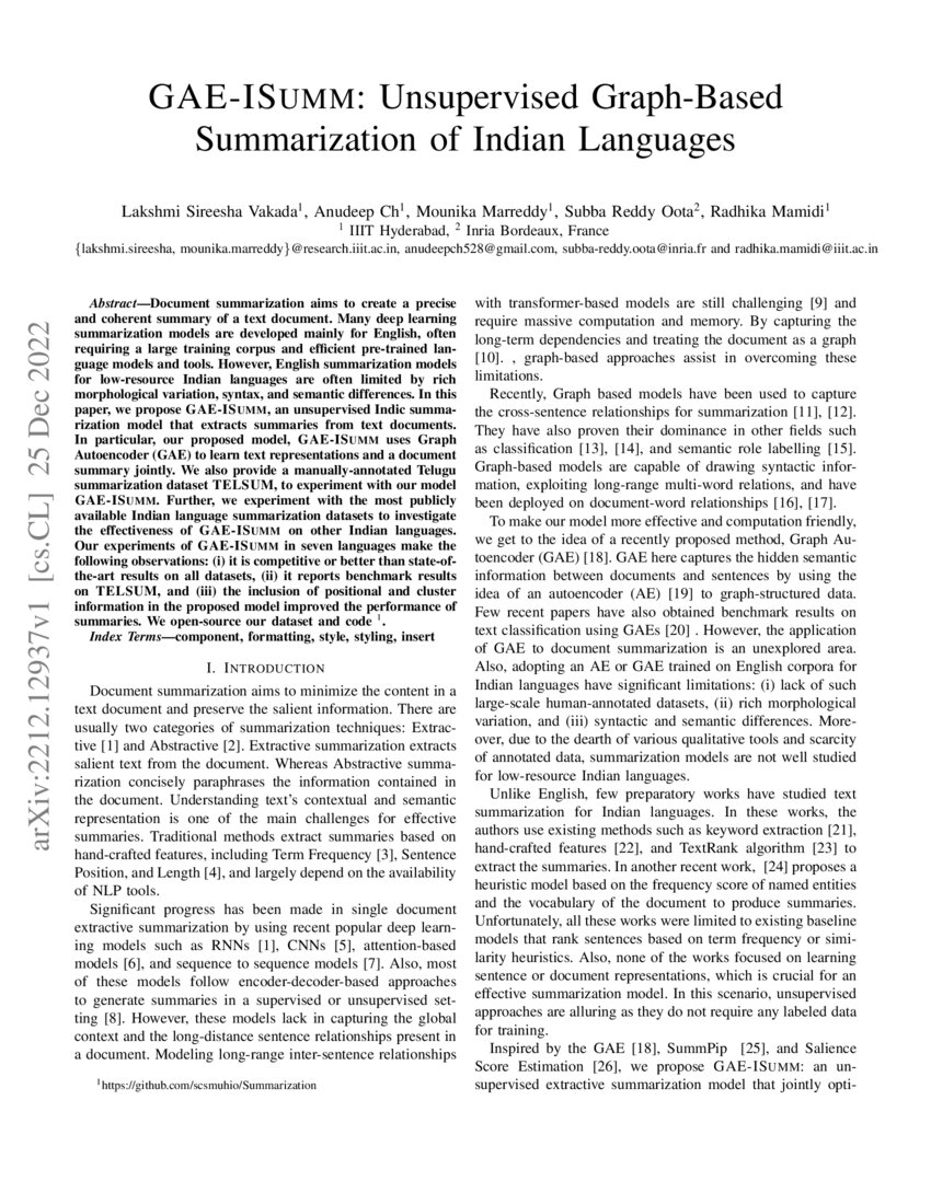 Gae Isumm Unsupervised Graph Based Summarization Of Indian Languages Deepai