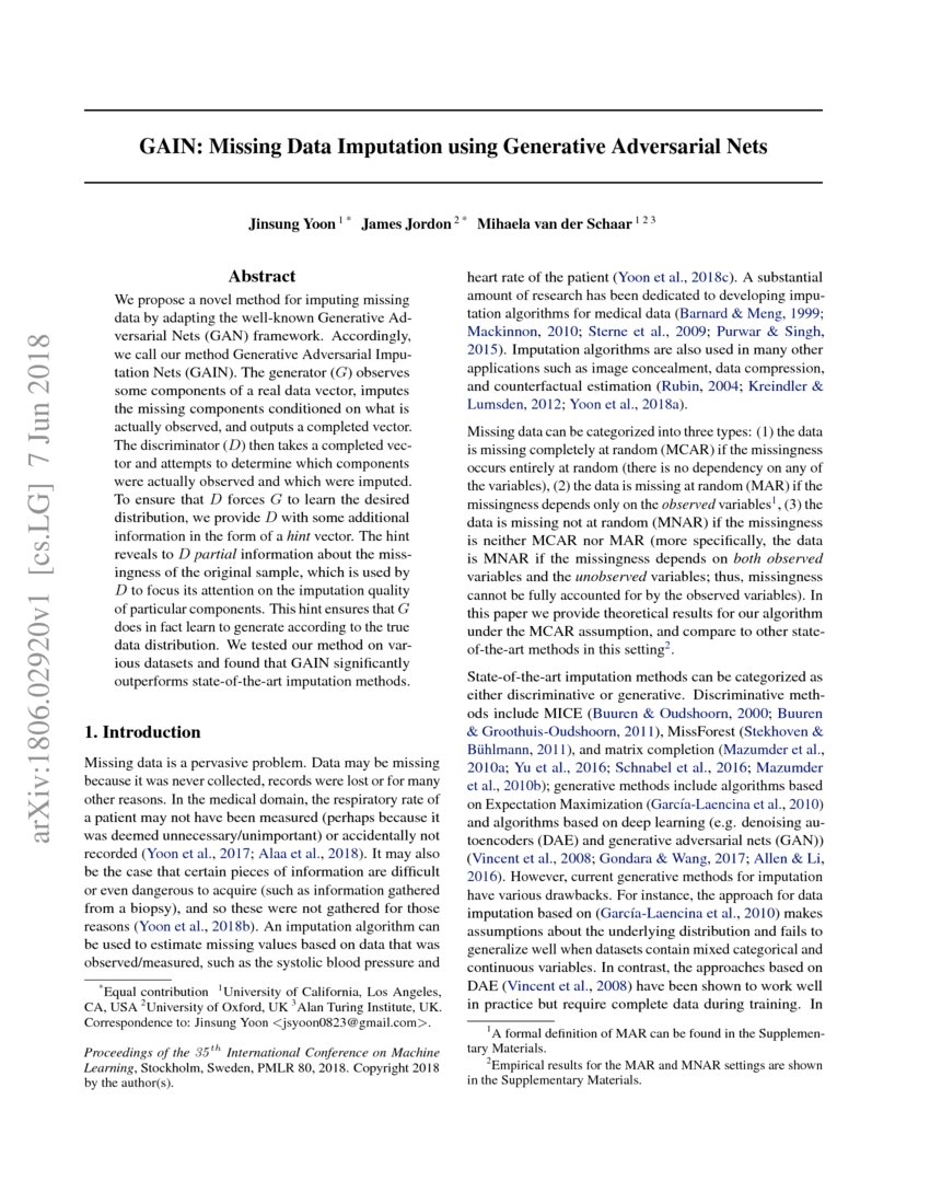 Gain Missing Data Imputation Using Generative Adversarial Nets Deepai