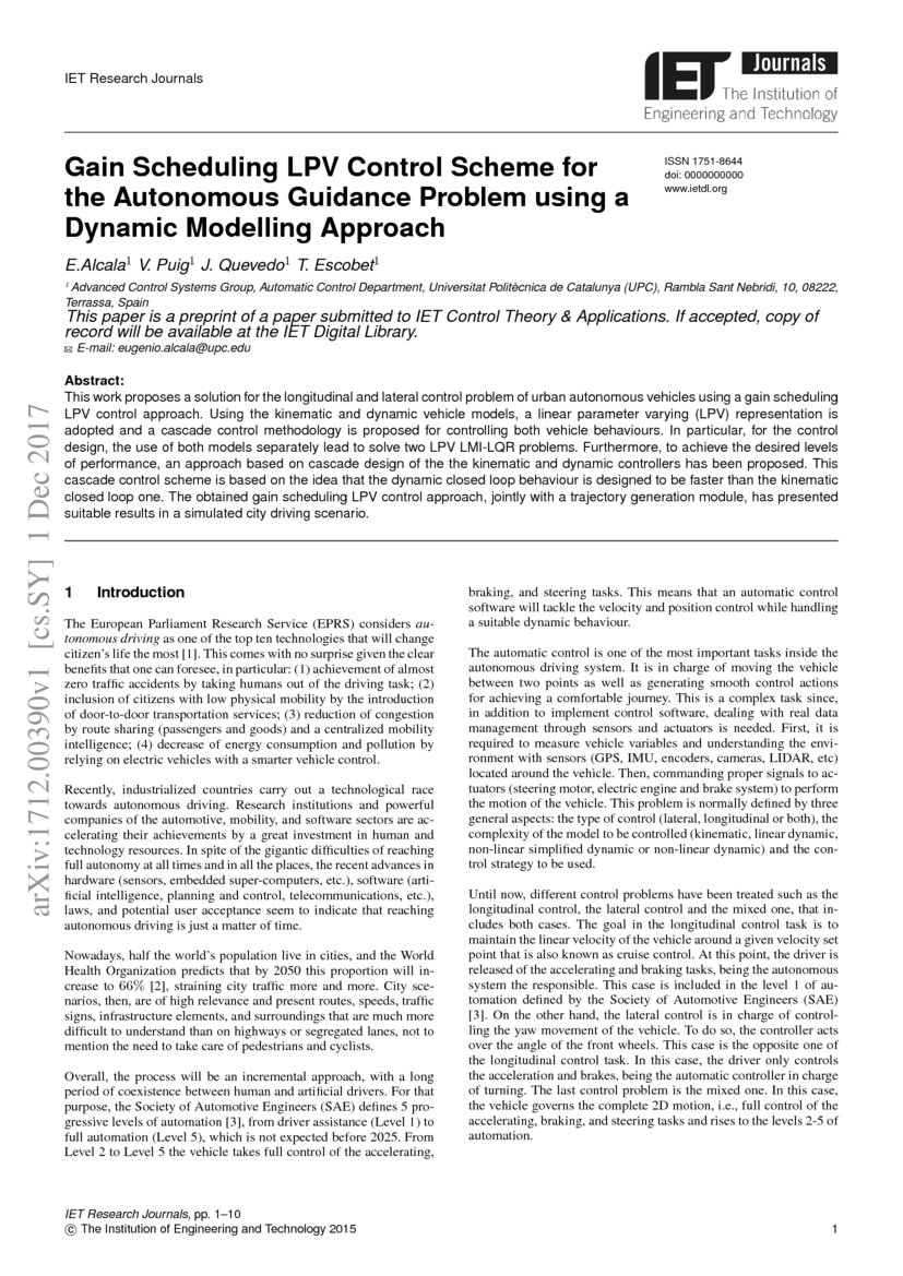 Gain Scheduling LPV Control Scheme for the Autonomous Guidance Problem ... Gain Scheduling LPV Control Scheme for the Autonomous Guidance Problem ...