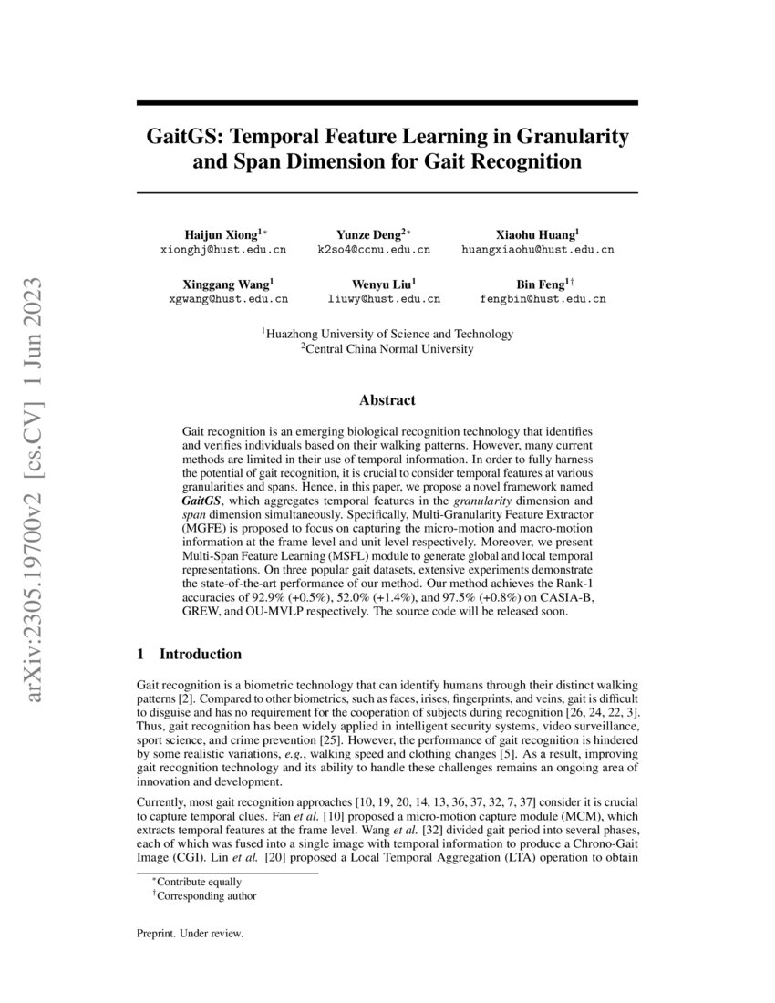 GaitGS: Temporal Feature Learning in Granularity and Span Dimension for Gait Recognition | DeepAI