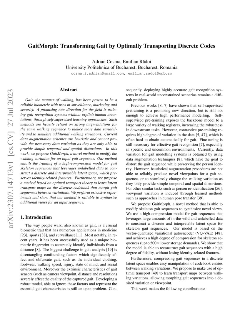 GaitMorph: Transforming Gait by Optimally Transporting Discrete Codes | DeepAI