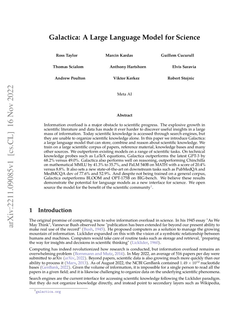 Galactica: A Large Language Model for Science | DeepAI