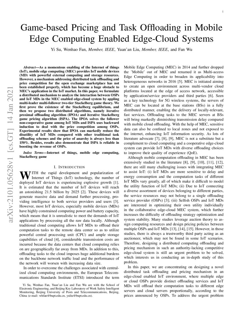 Game Based Pricing And Task Offloading In Mobile Edge Computing Enabled Edge Cloud Systems Deepai