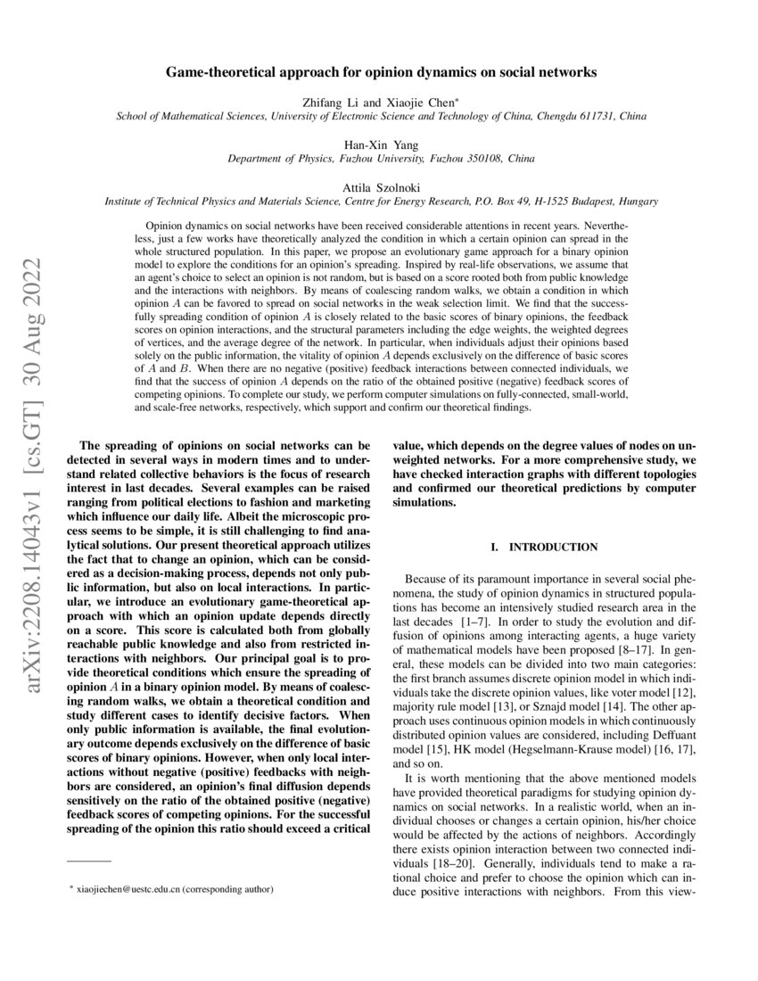 Game Theoretical Approach For Opinion Dynamics On Social Networks Deepai