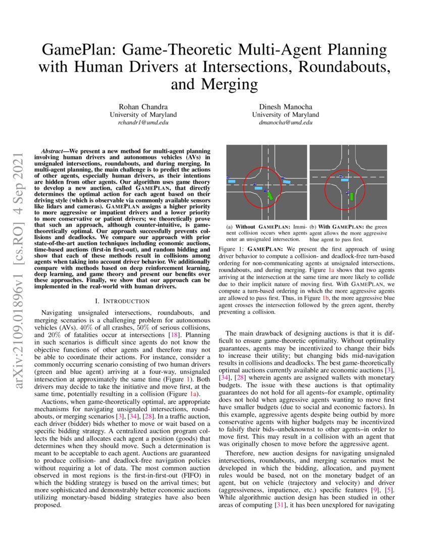 GamePlan: Game-Theoretic Multi-Agent Planning with Human Drivers at Intersections, Roundabouts ...