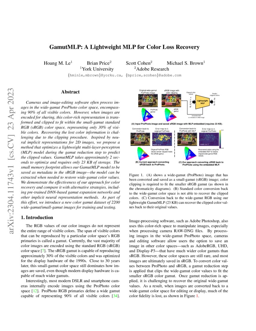 GamutMLP: A Lightweight MLP for Color Loss Recovery | DeepAI