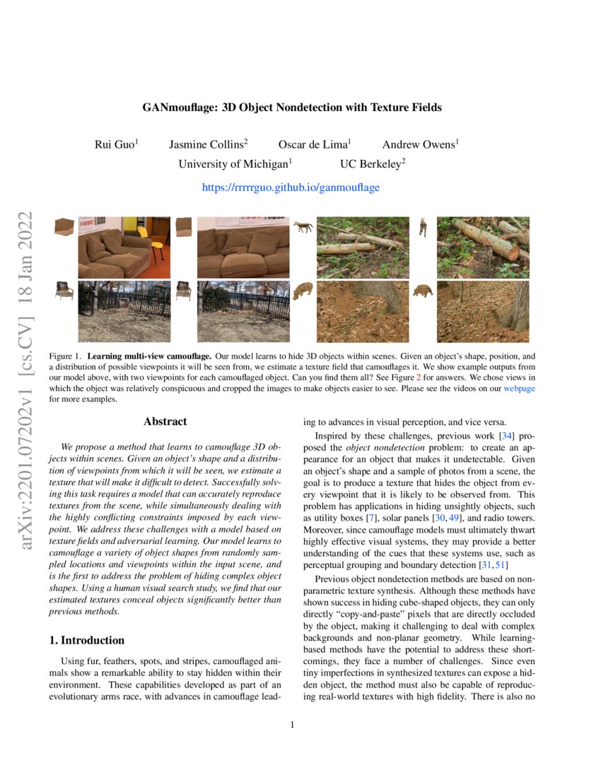 GANmouflage: 3D Object Nondetection with Texture Fields | DeepAI