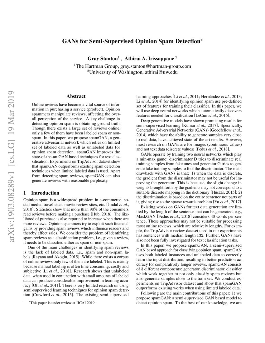 Gans For Semi Supervised Opinion Spam Detection Deepai