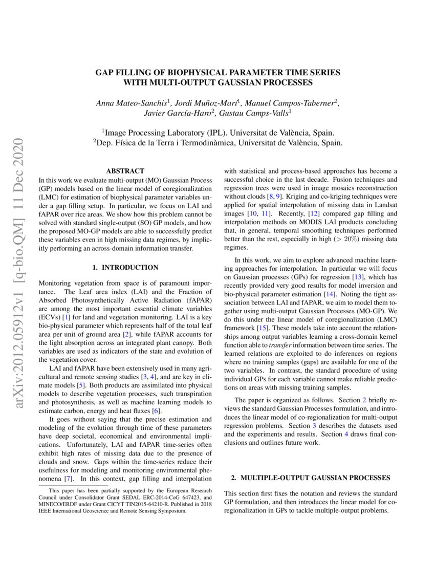 Gap Filling of Biophysical Parameter Time Series with Multi-Output Gaussian Processes | DeepAI