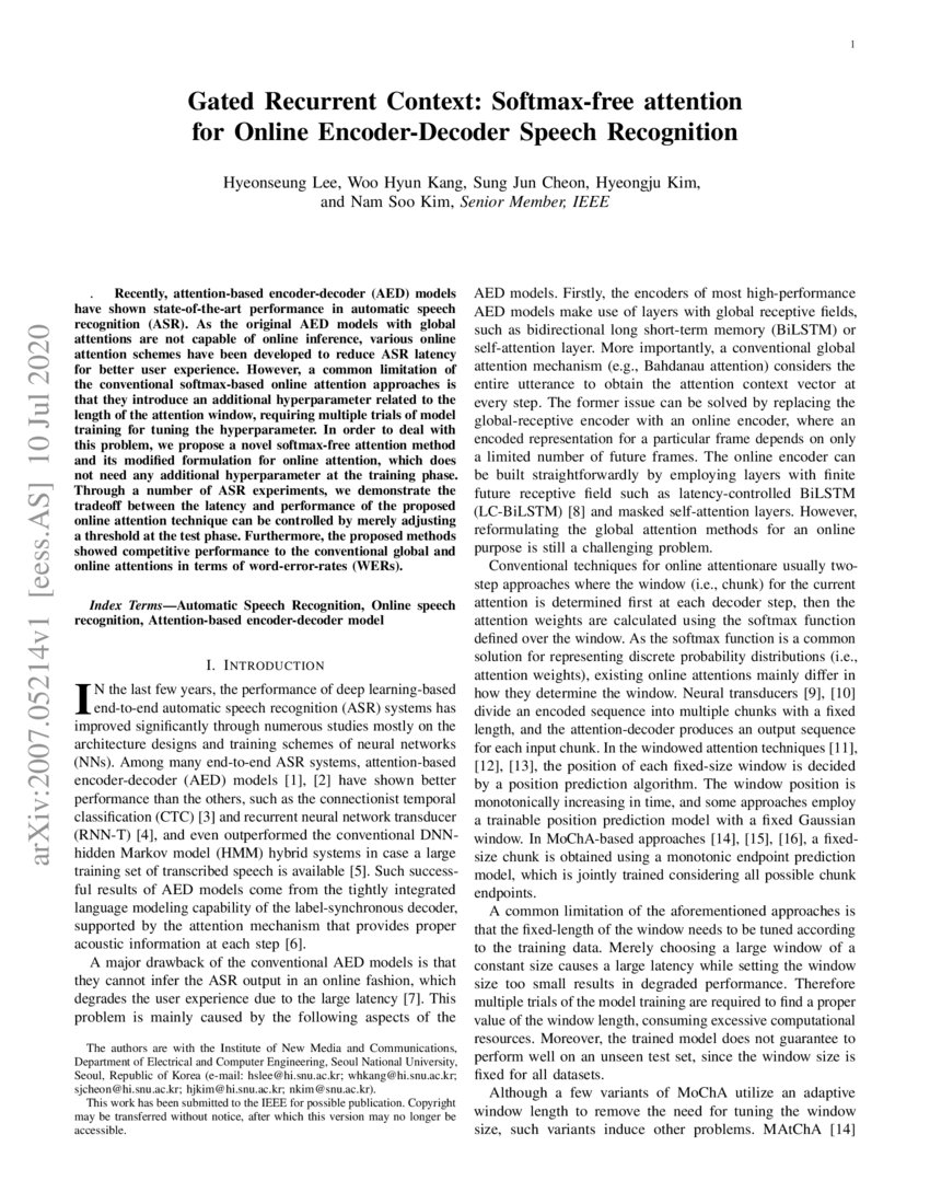 Gated Recurrent Context Softmax Free Attention For Online Encoder