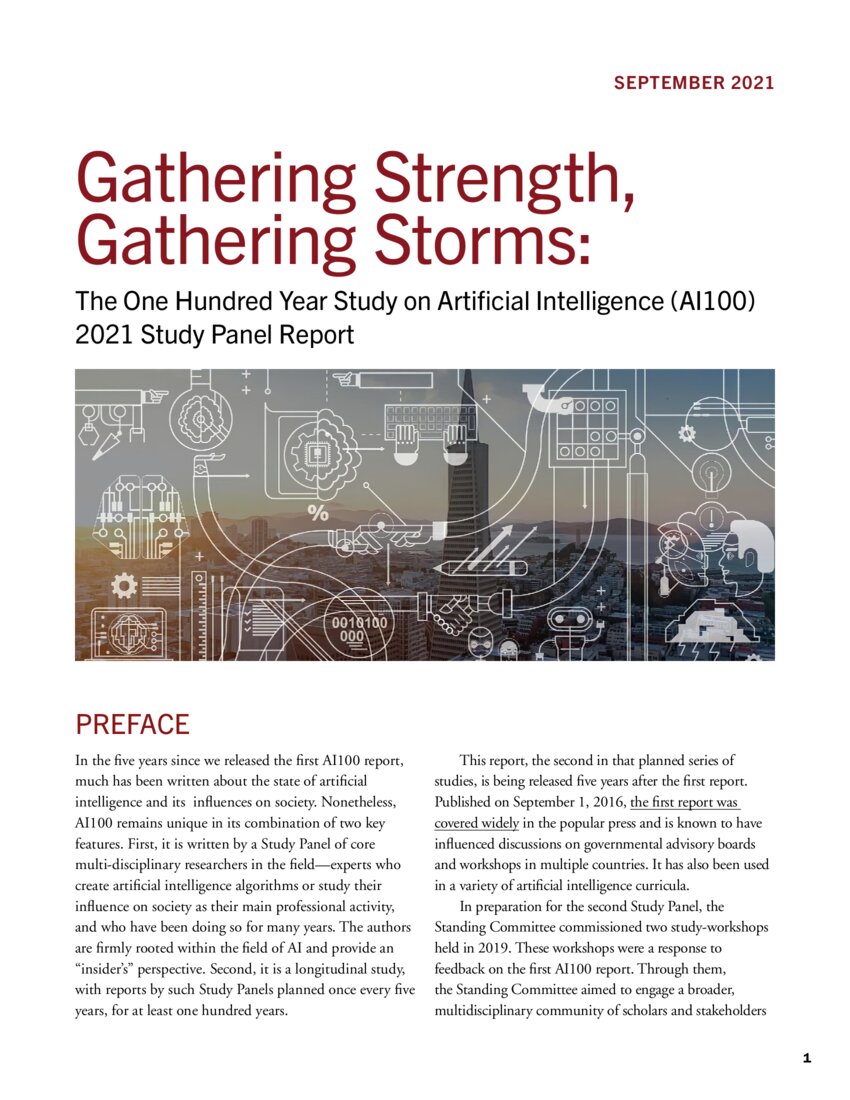 Gathering Strength, Gathering Storms: The One Hundred Year Study on Artificial Intelligence ...