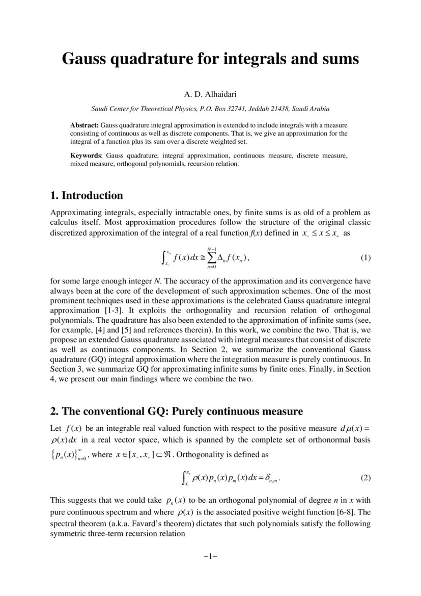 Gauss Quadrature For Integrals And Sums Deepai