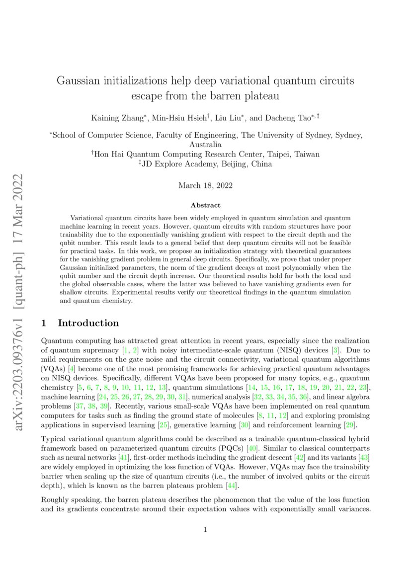 Gaussian initializations help deep variational quantum circuits escape from the barren plateau ...