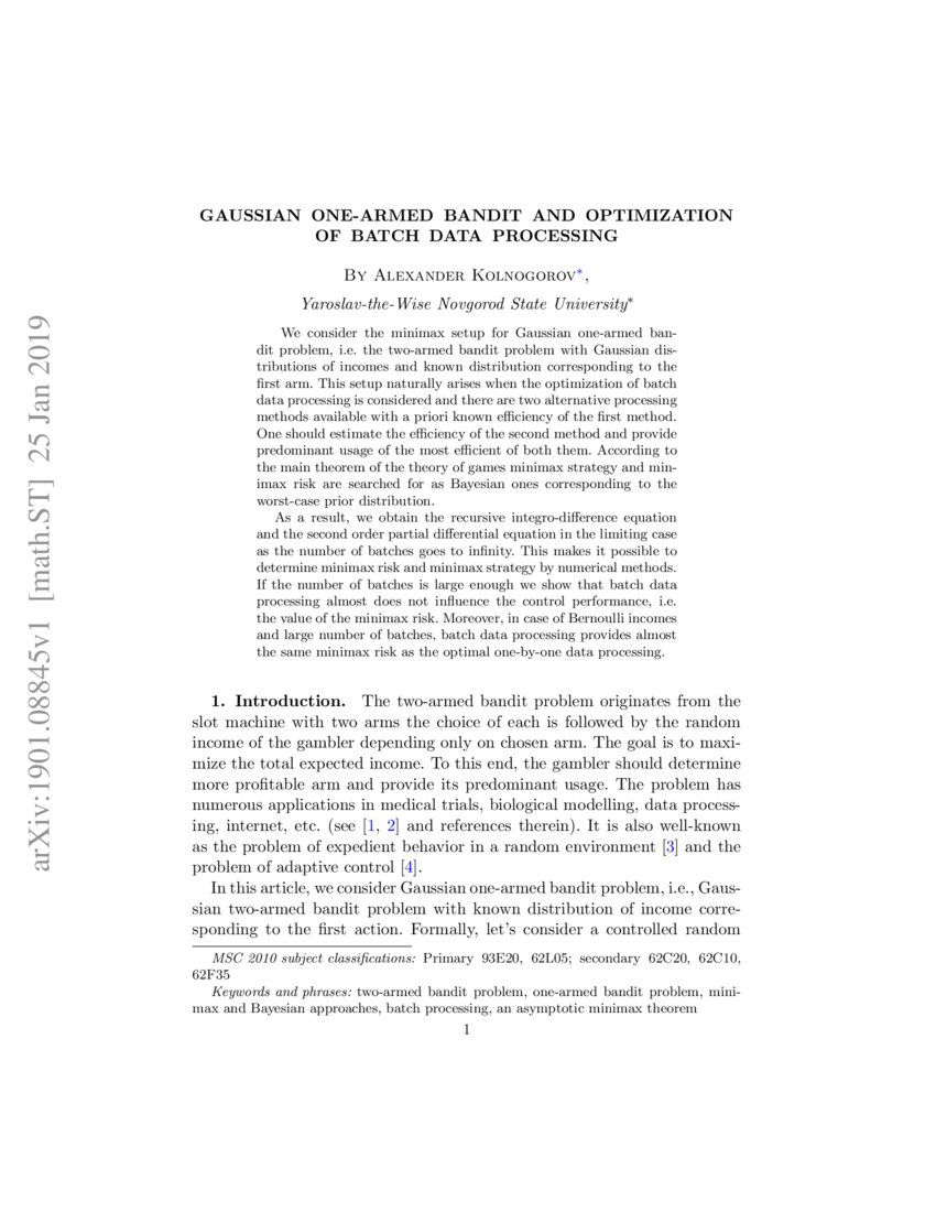 Gaussian One-Armed Bandit and Optimization of Batch Data Processing | DeepAI
