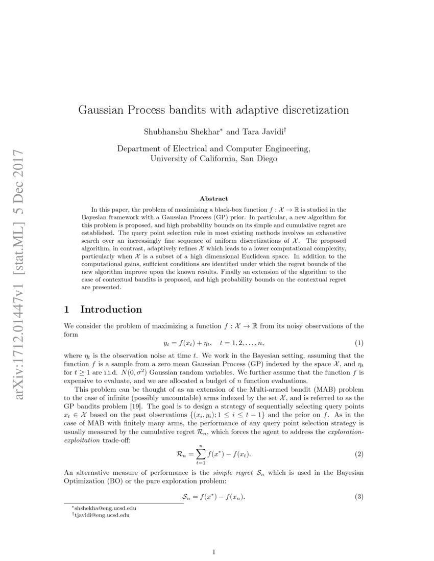 Gaussian Process bandits with adaptive discretization | DeepAI
