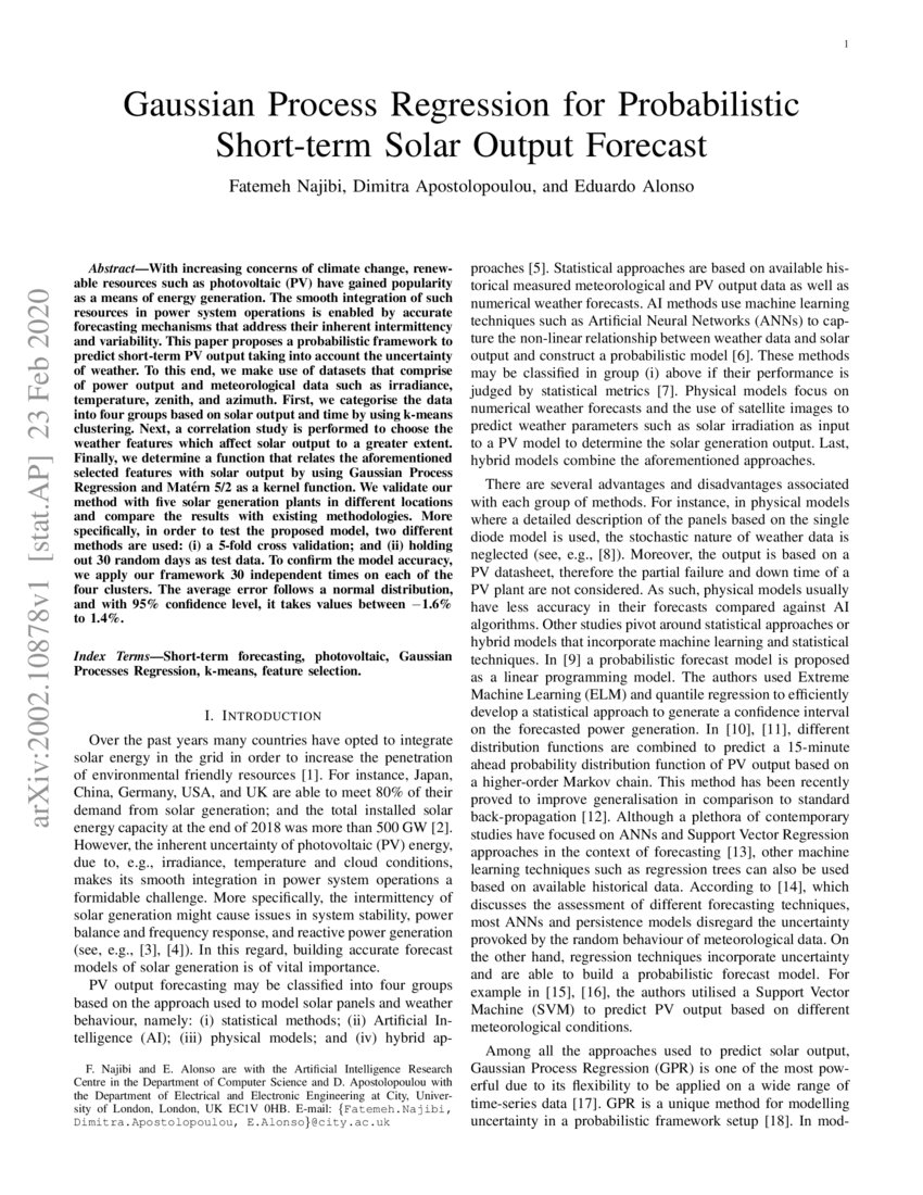 Gaussian Process Regression for Probabilistic Short-term Solar Output Forecast | DeepAI