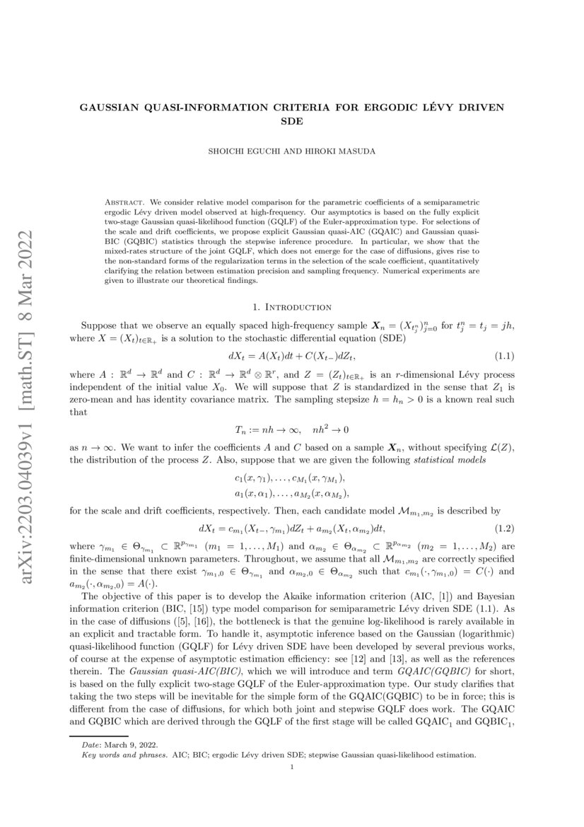 Gaussian quasi-information criteria for ergodic Lévy driven SDE | DeepAI