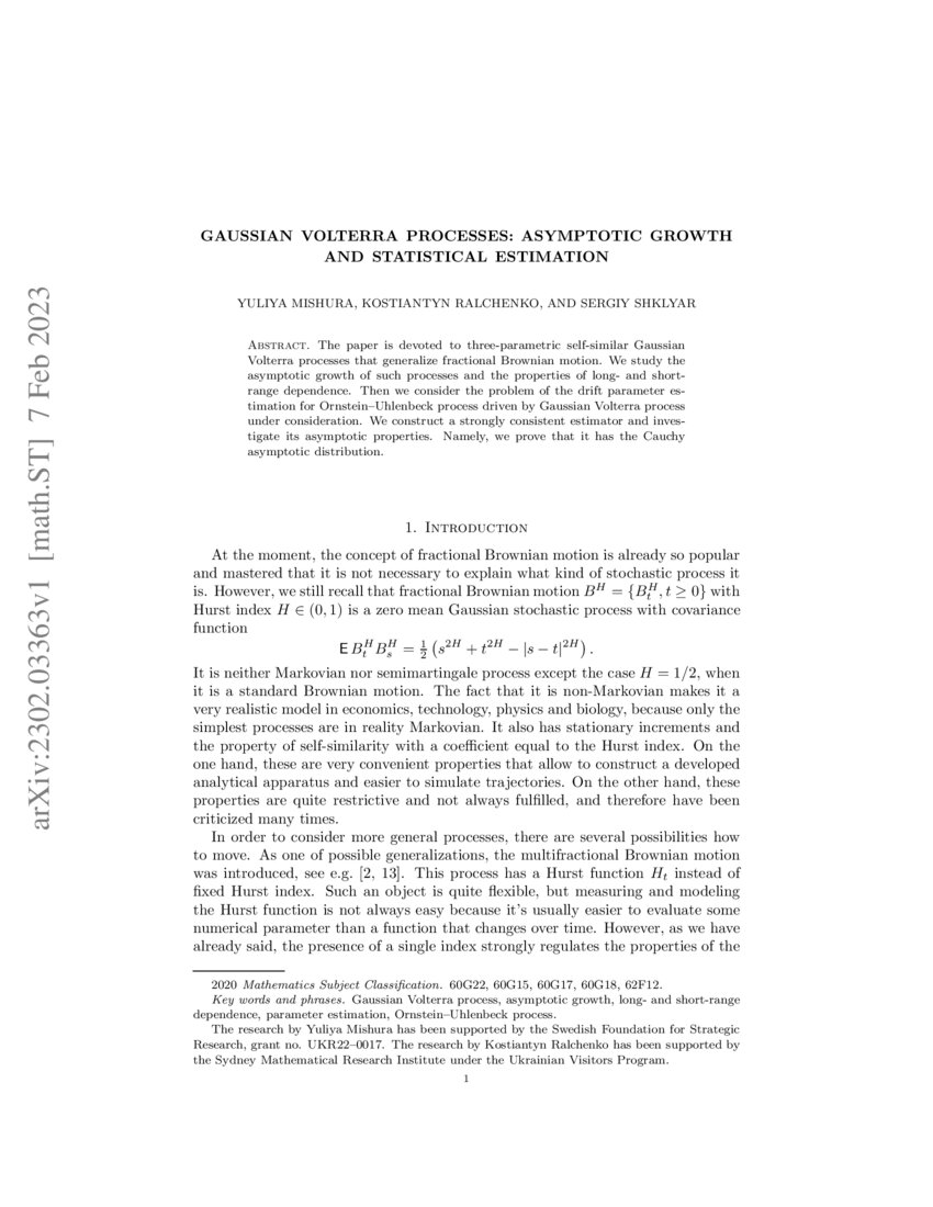 Gaussian Volterra processes: asymptotic growth and statistical estimation | DeepAI