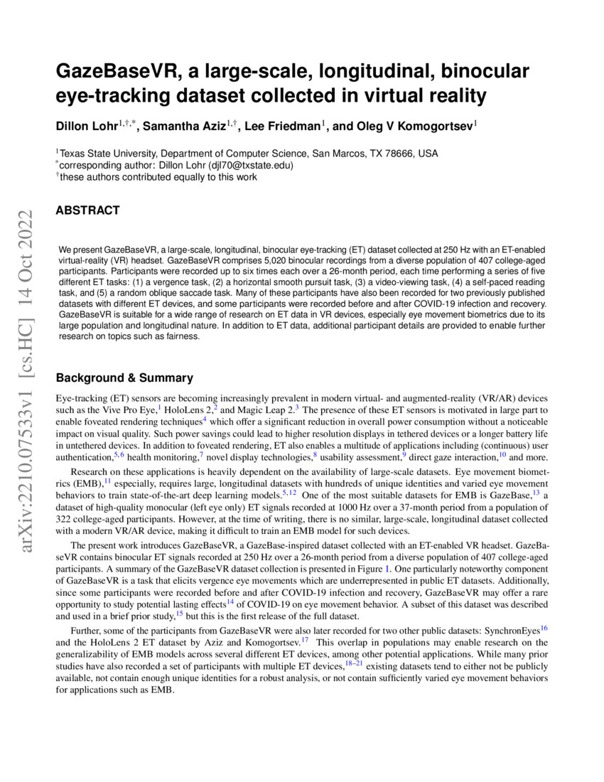 GazeBaseVR, a large-scale, longitudinal, binocular eye-tracking dataset ...