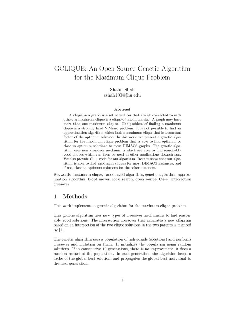 Gclique An Open Source Genetic Algorithm For The Maximum Clique Problem Deepai