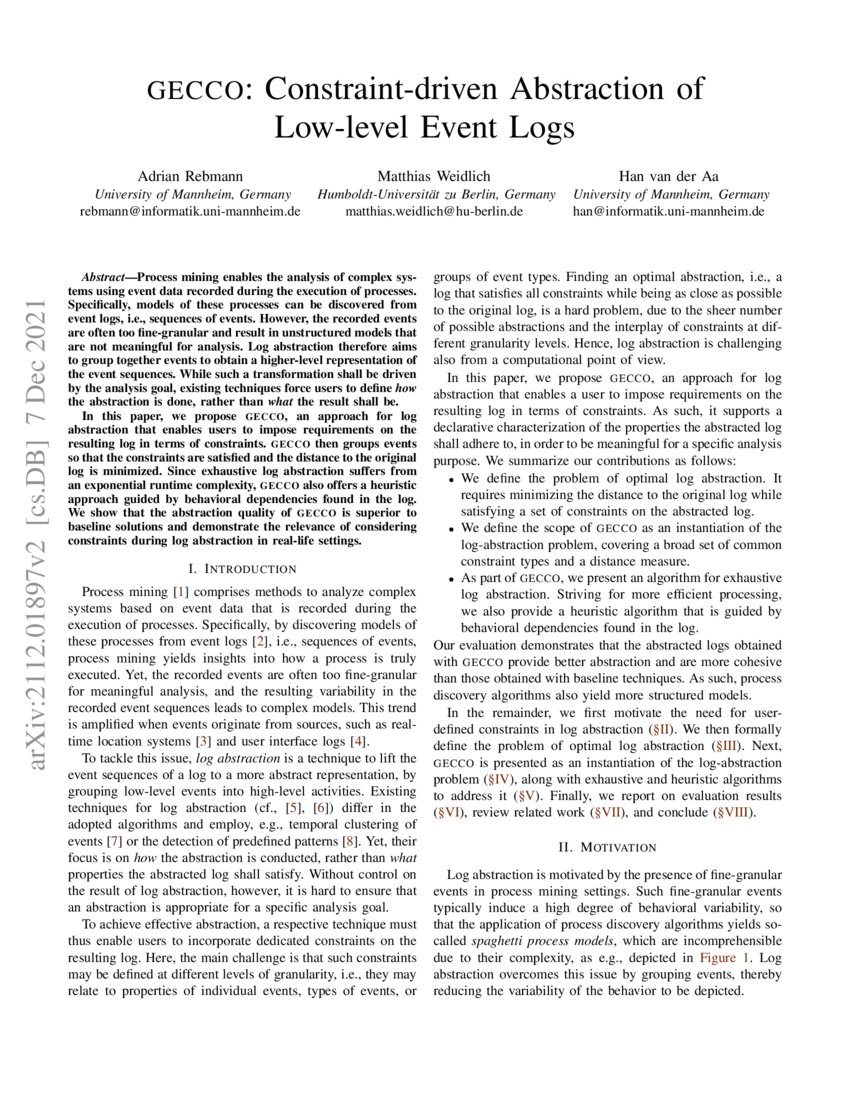 GECCO: Constraint-driven Abstraction of Low-level Event Logs | DeepAI
