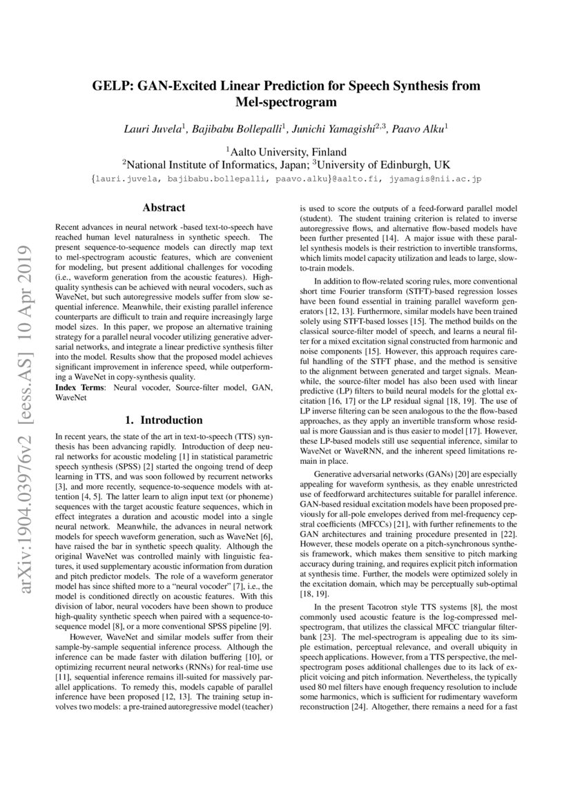 GELP: GAN-Excited Linear Prediction for Speech Synthesis from Mel ...