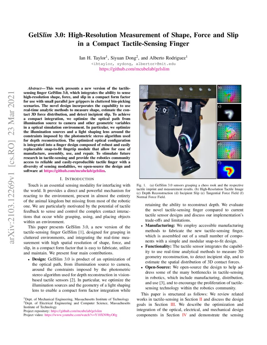 Gelslim3 0 High Resolution Measurement Of Shape Force And Slip In A Compact Tactile Sensing