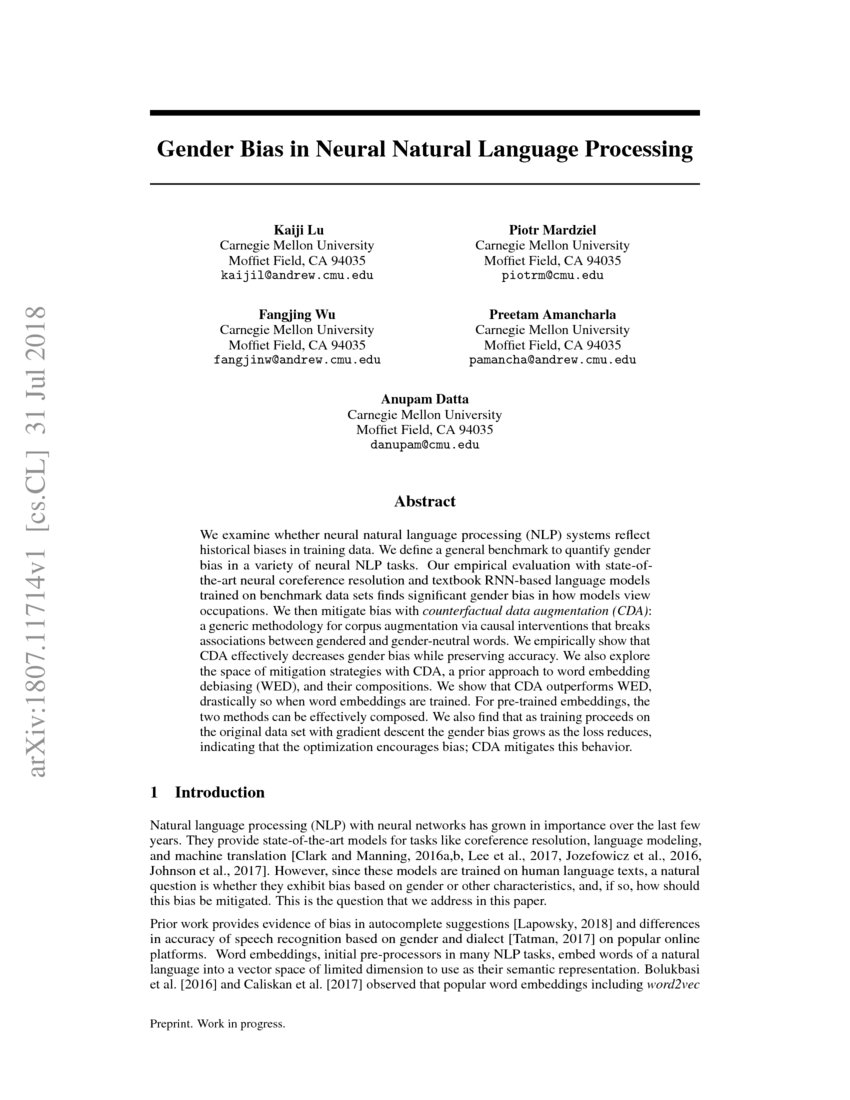 Gender Bias In Neural Natural Language Processing Deepai