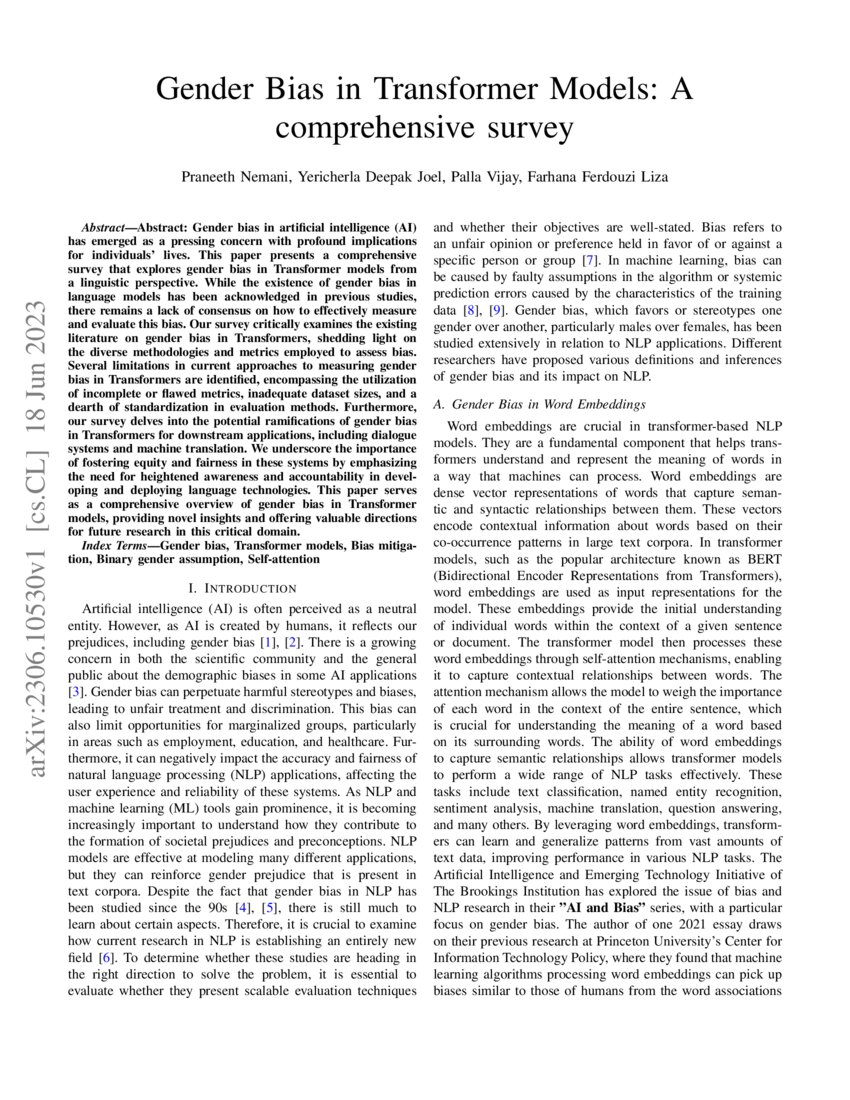 Gender Bias In Transformer Models A Comprehensive Survey Deepai
