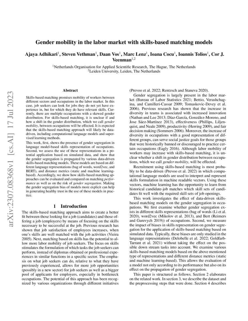 Gender mobility in the labor market with skills-based matching models ...