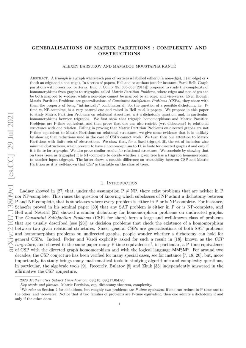 Generalisations Of Matrix Partitions Complexity And Obstructions Deepai
