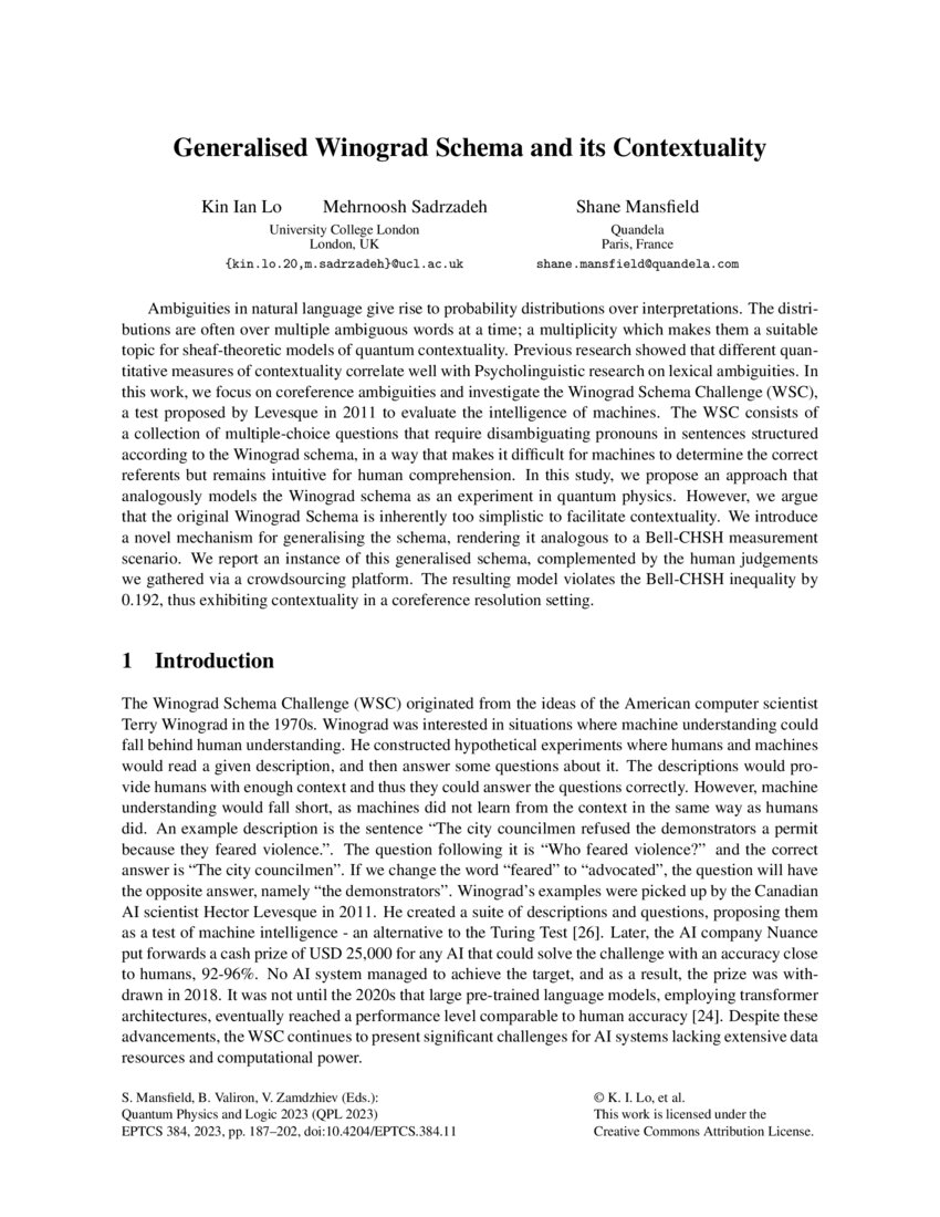 Generalised Winograd Schema and its Contextuality | DeepAI