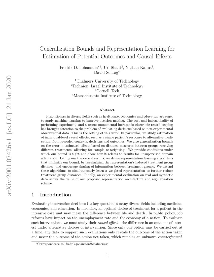 Generalization Bounds And Representation Learning For Estimation Of Potential Outcomes And