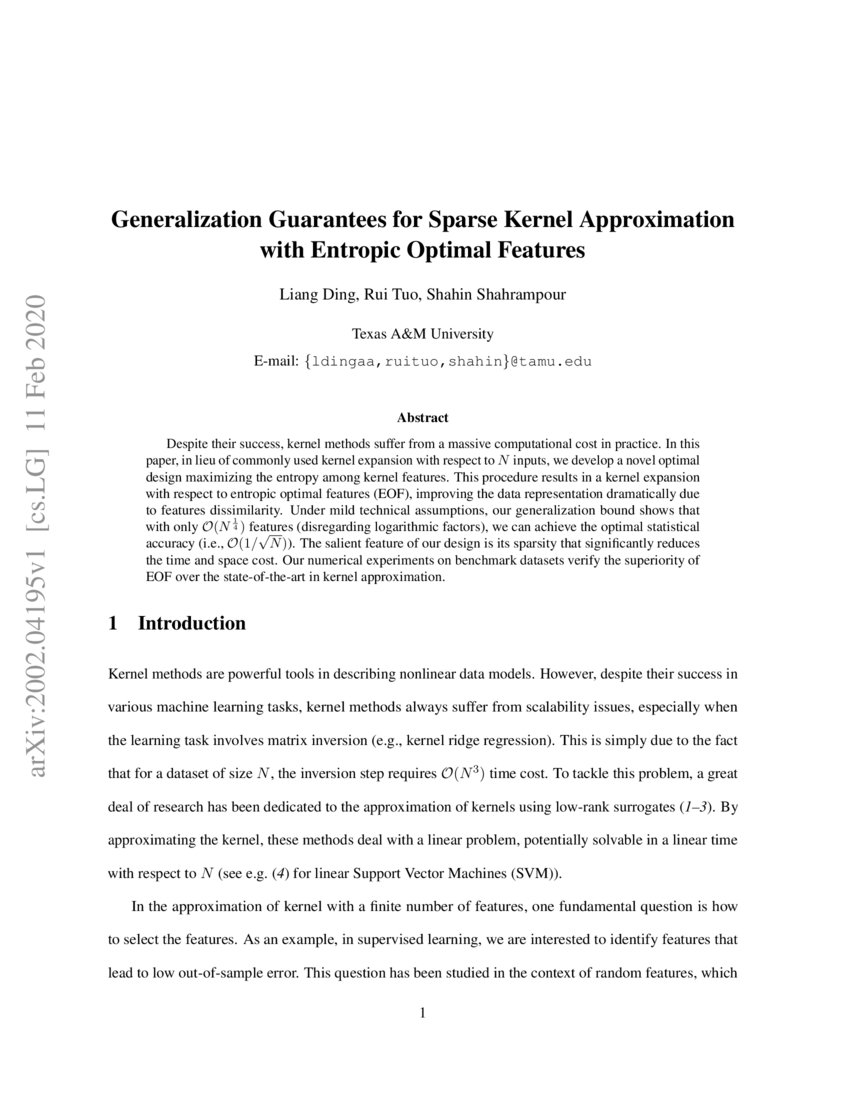 Generalization Guarantees for Sparse Kernel Approximation with Entropic Optimal Features | DeepAI