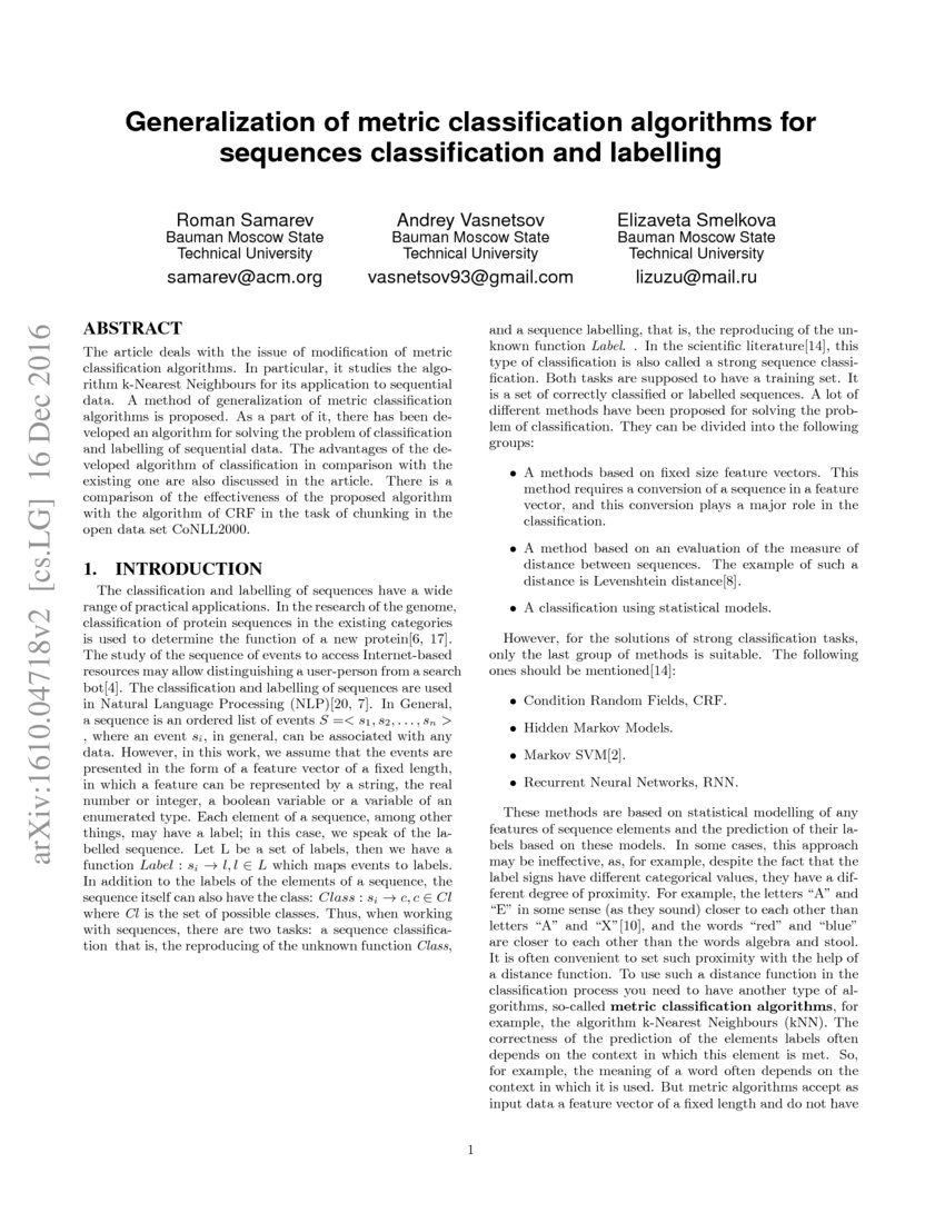 Generalization of metric classification algorithms for sequences classification and labelling ...
