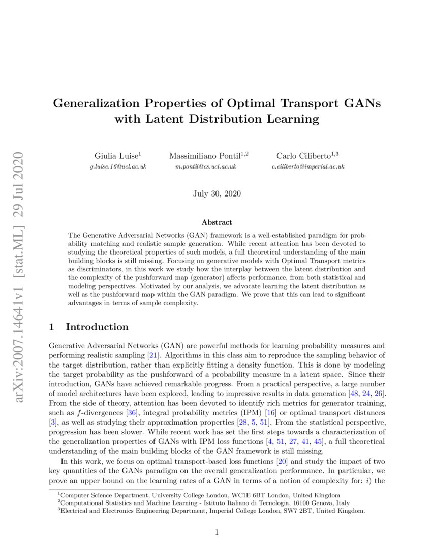 Generalization Properties of Optimal Transport GANs with Latent ...
