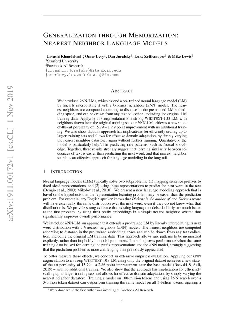 Generalization through Memorization: Nearest Neighbor Language Models | DeepAI