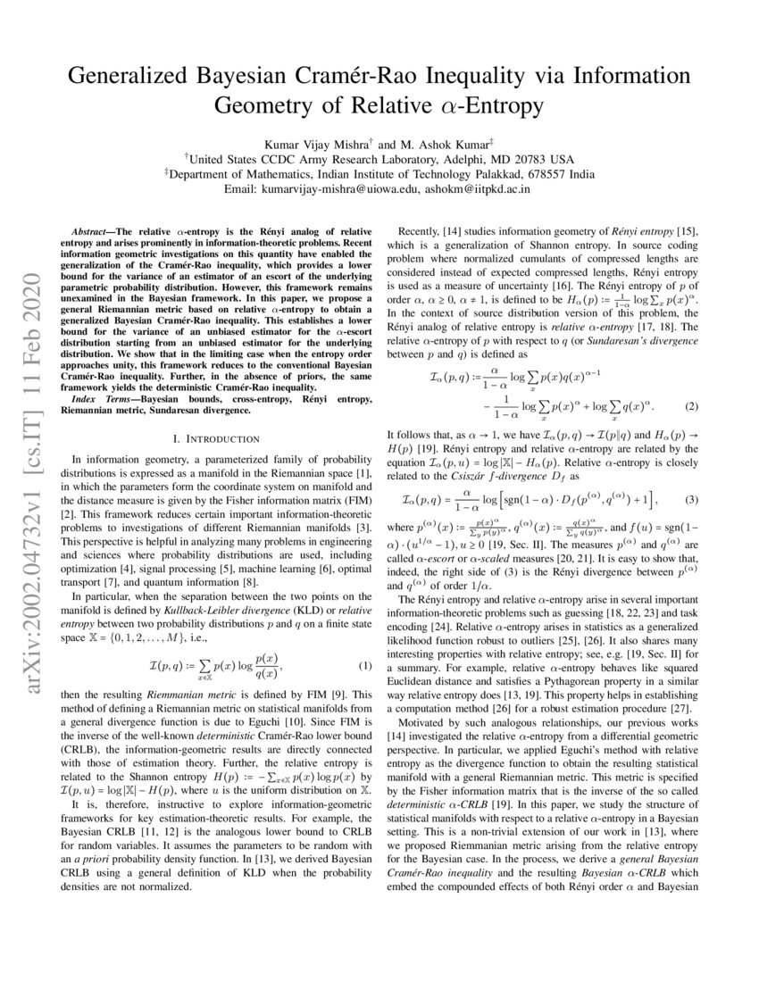 Generalized Bayesian Cramér Rao Inequality Via Information Geometry Of Relative α Entropy Deepai