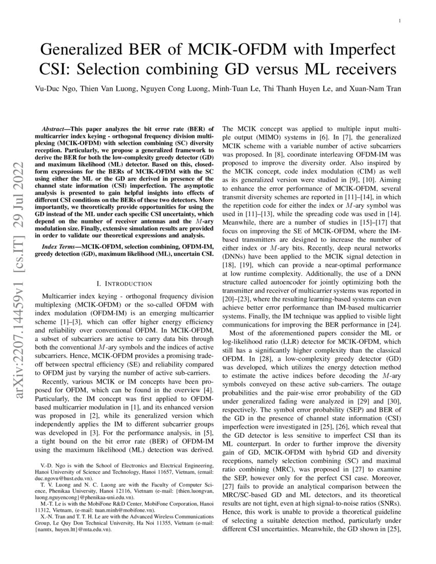Generalized Ber Of Mcik Ofdm With Imperfect Csi Selection Combining Gd