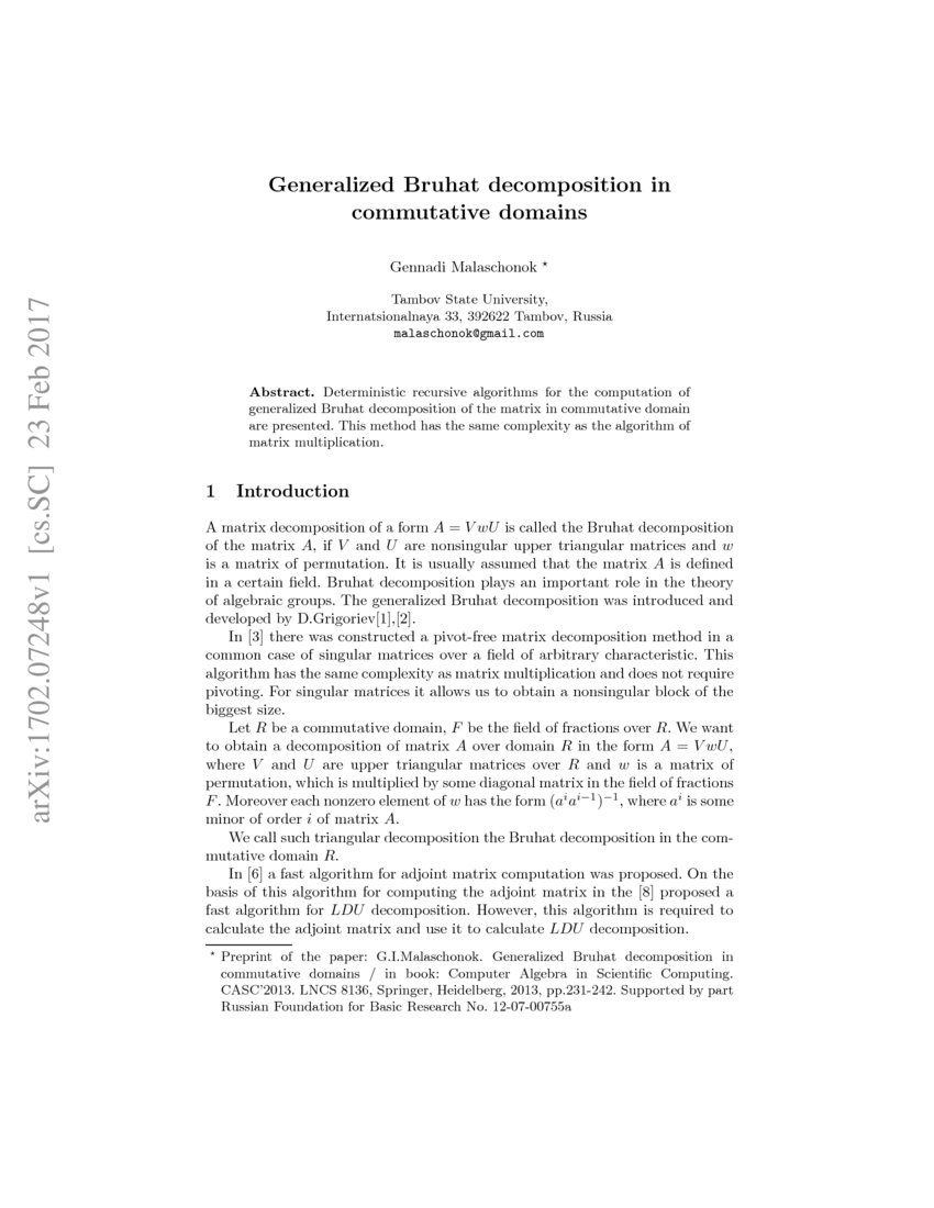Generalized Bruhat decomposition in commutative domains | DeepAI