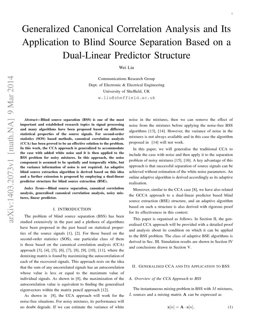 Generalized Canonical Correlation Analysis And Its Application To Blind