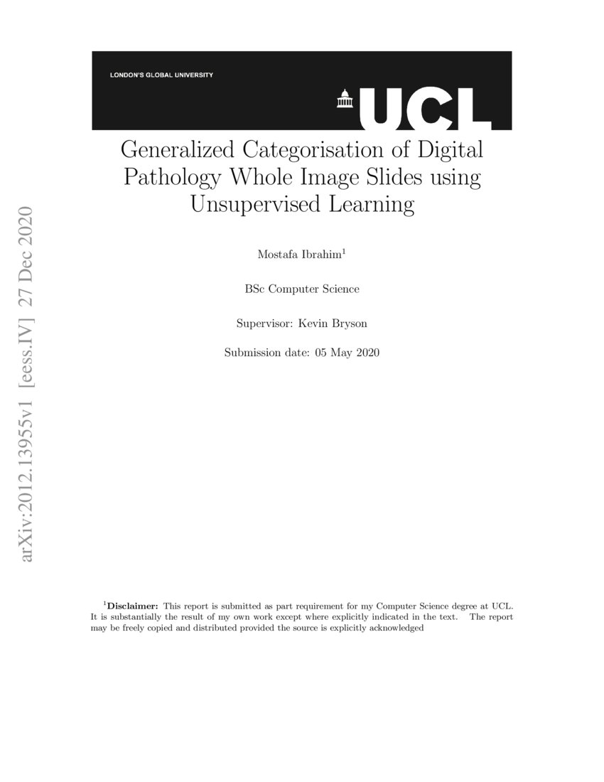 Generalized Categorisation of Digital Pathology Whole Image Slides using Unsupervised Learning ...
