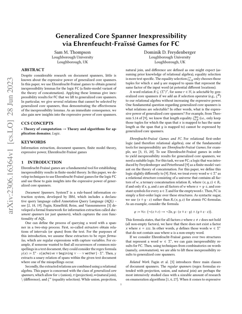 Generalized Core Spanner Inexpressibility Via Ehrenfeucht Fraïssé Games For Fc Deepai