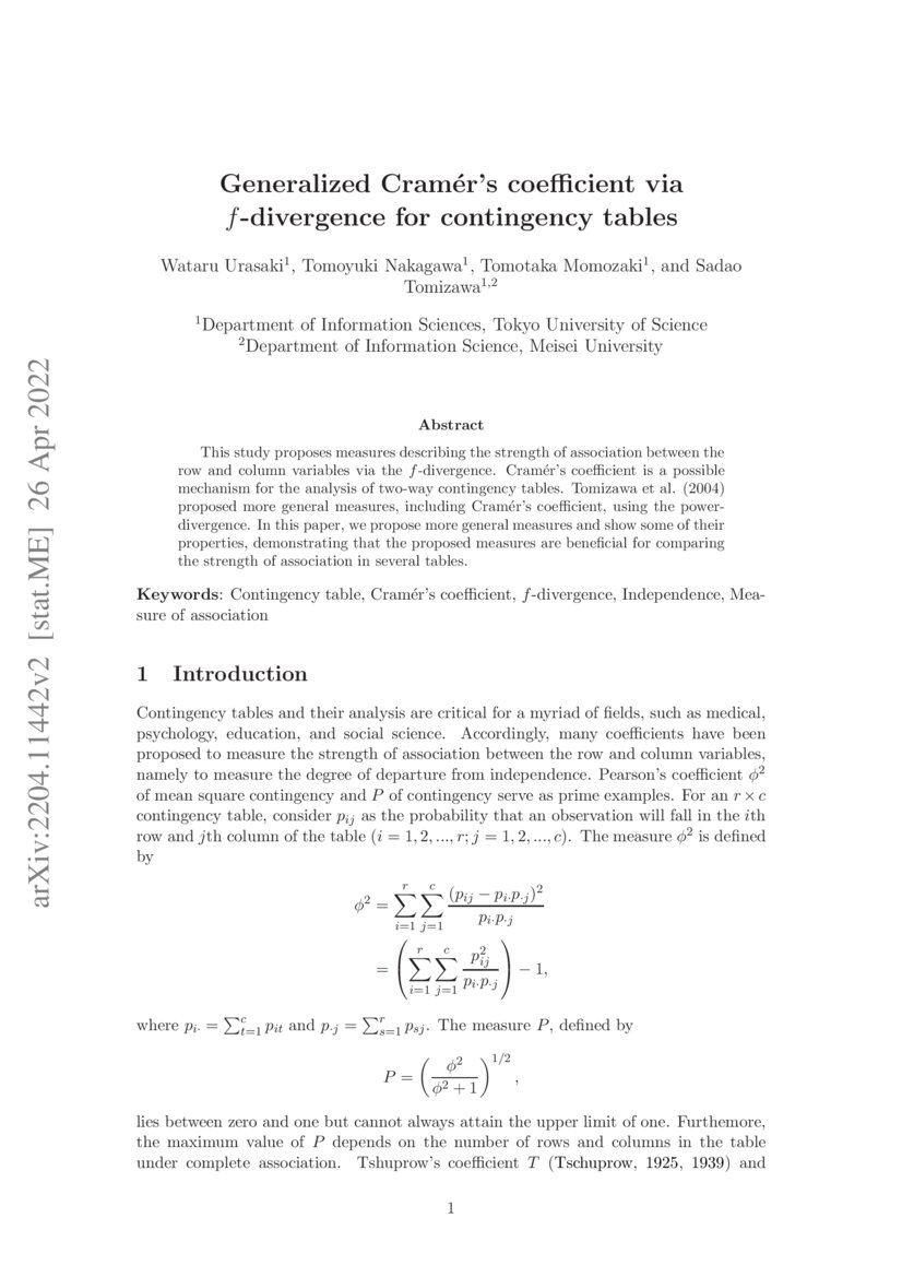 Generalized Cramér's coefficient via f-divergence for contingency ...