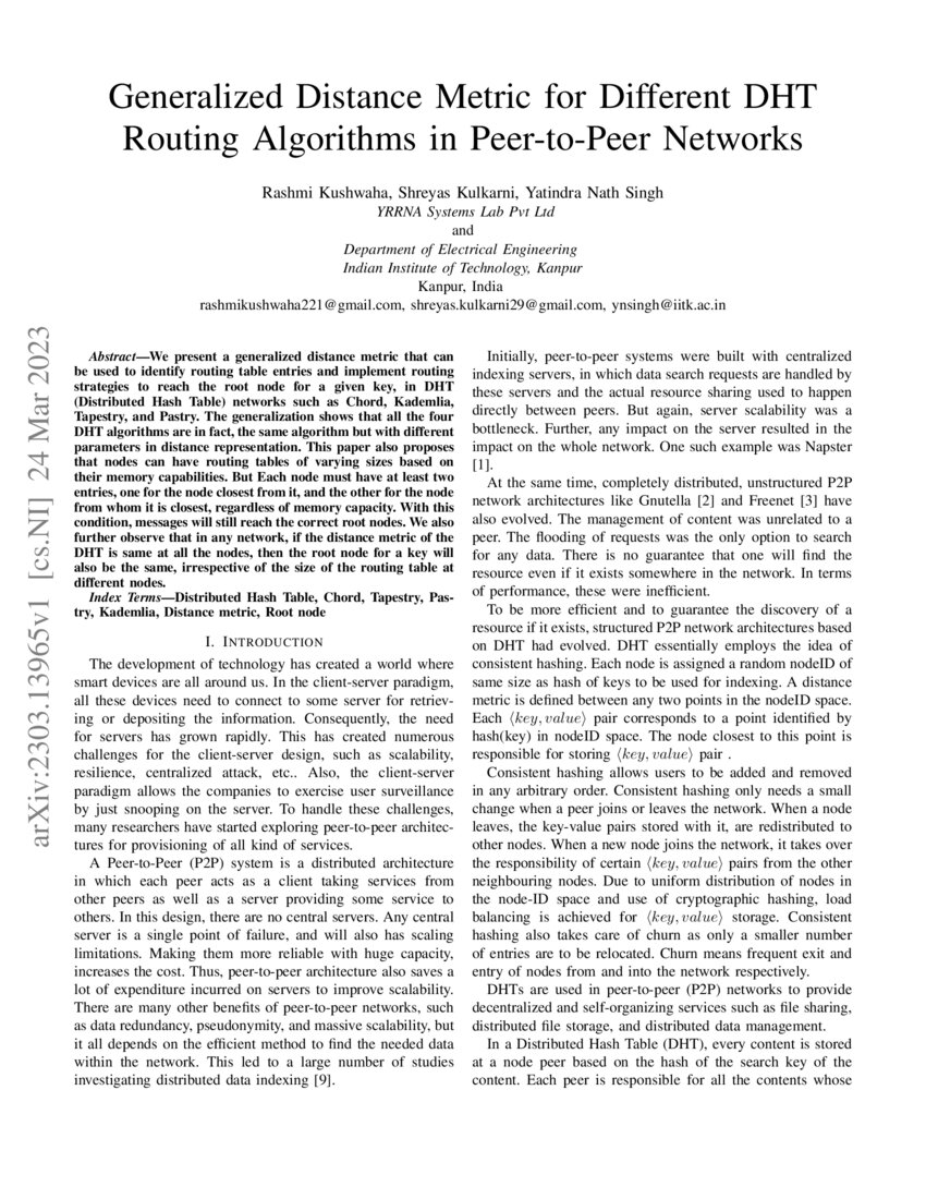 Generalized Distance Metric For Different Dht Routing Algorithms In 1457