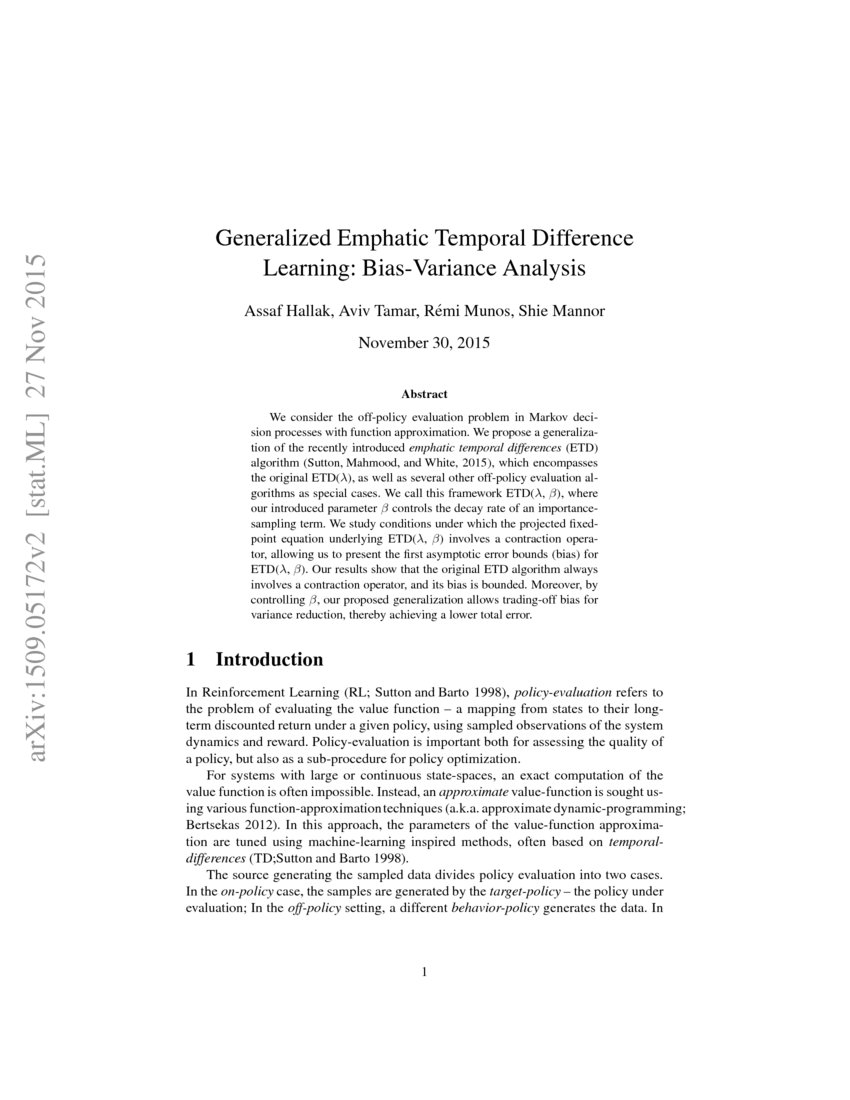 Generalized Emphatic Temporal Difference Learning: Bias-Variance Analysis | DeepAI