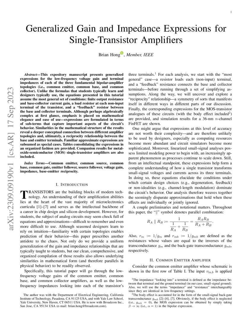 Generalized Gain and Impedance Expressions for Single-Transistor ...