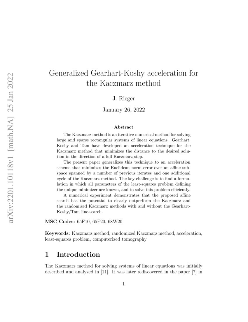 Generalized Gearhart Koshy Acceleration For The Kaczmarz Method Deepai