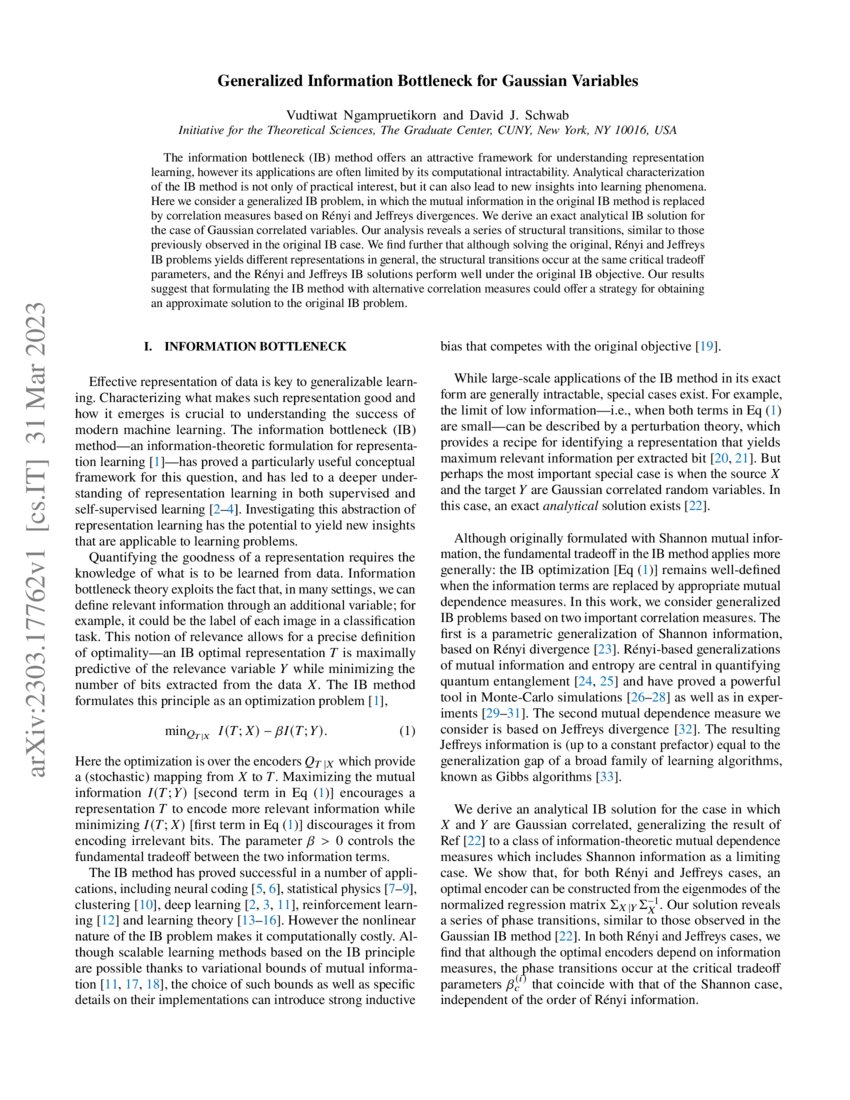 Generalized Information Bottleneck For Gaussian Variables Deepai