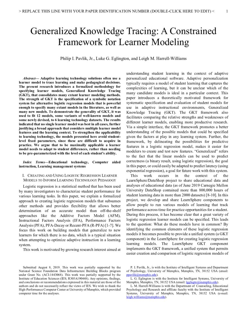 Generalized Knowledge Tracing: A Constrained Framework for Learner Modeling | DeepAI
